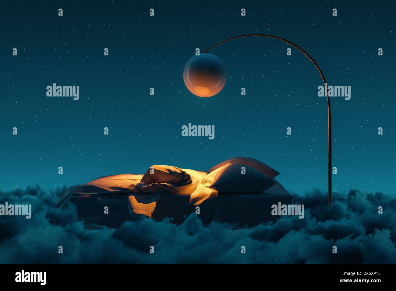 Cozy Bed Illuminated By A Lamp. The Bed Flies Over Fluffy Clouds In The ...