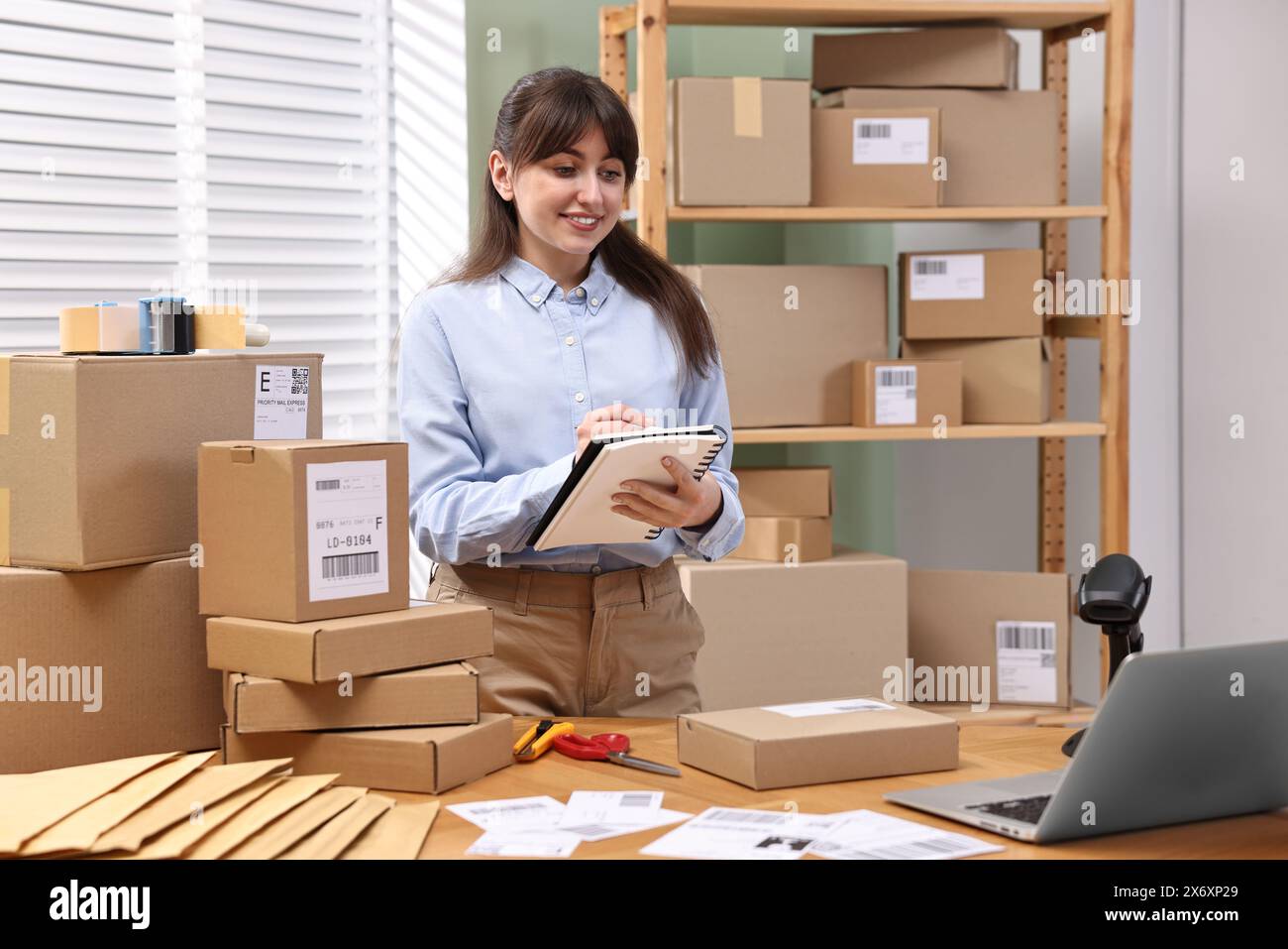 Parcel packing. Post office worker writing notes indoors Stock Photo ...