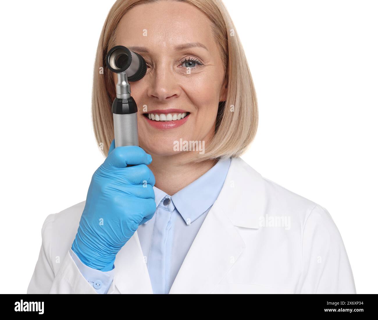 Happy dermatologist using dermatoscope on white background Stock Photo ...