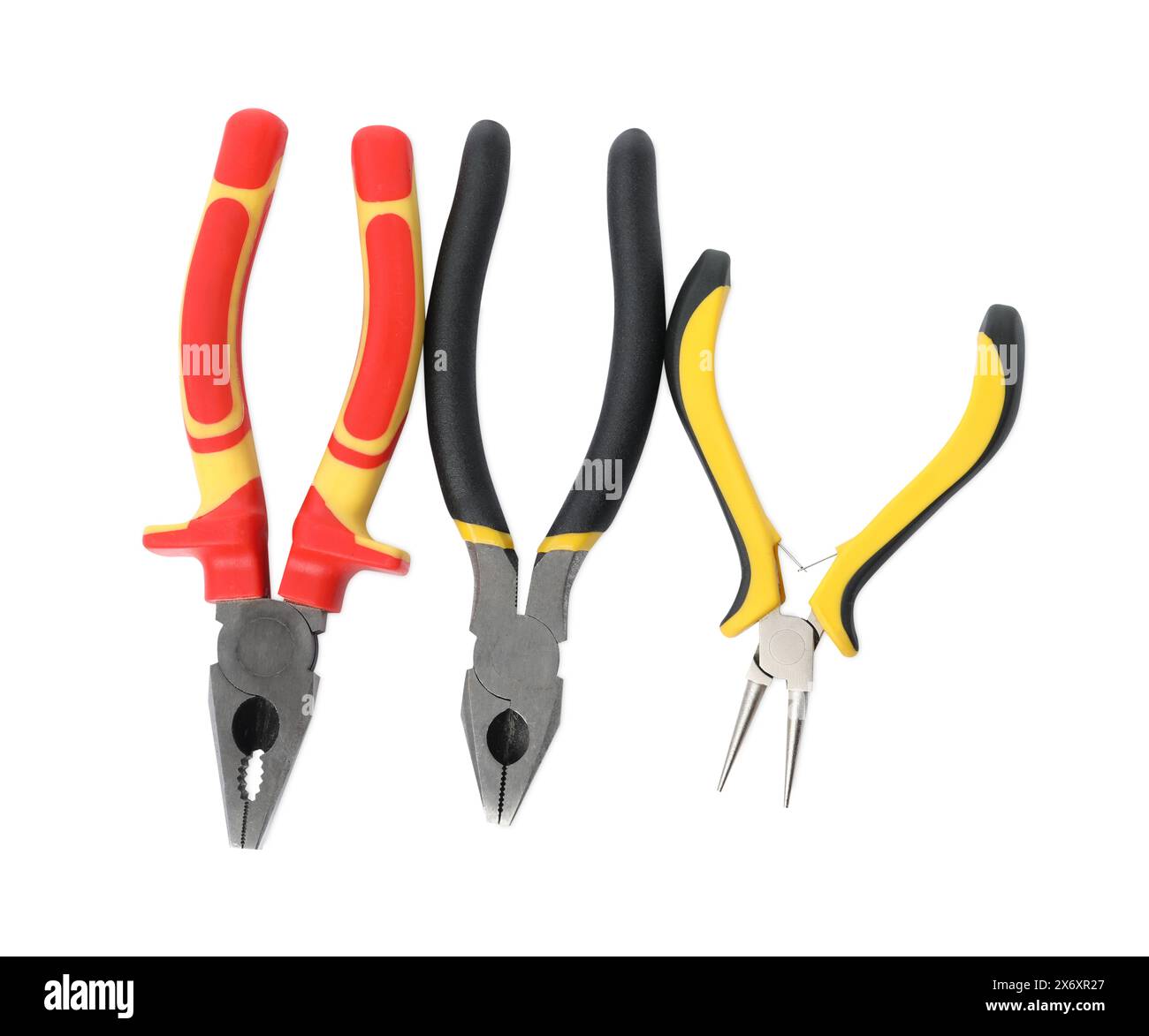 Group of different pliers isolated on white, top view Stock Photo - Alamy