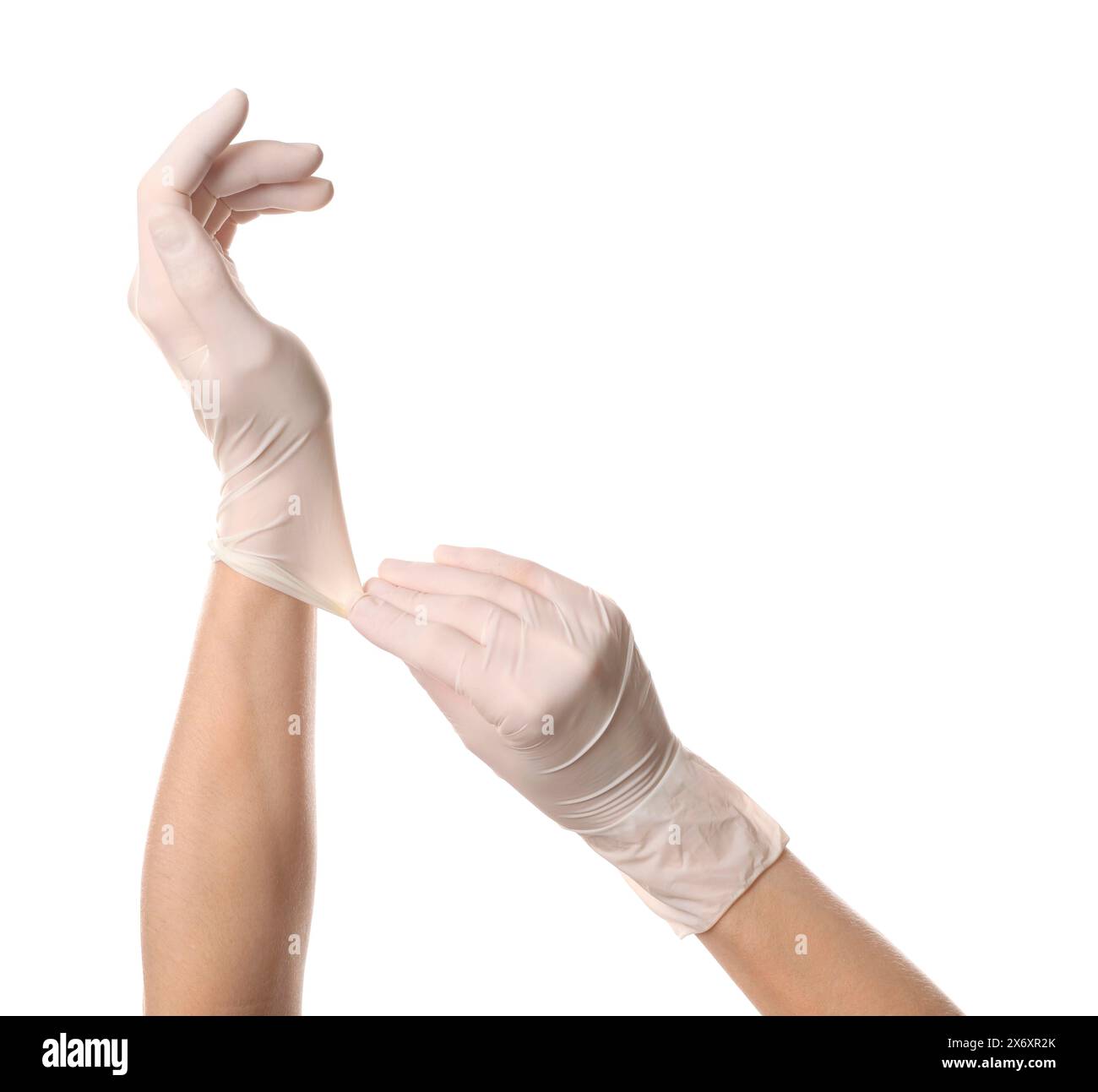Doctor wearing medical gloves on white background, closeup Stock Photo ...