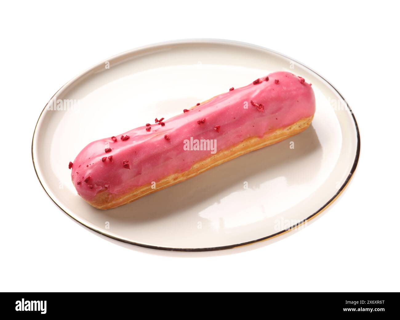 Delicious eclair covered with pink glaze isolated on white Stock Photo ...