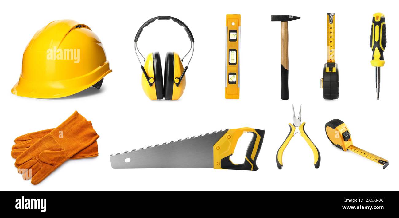 Different construction tools isolated on white, set Stock Photo - Alamy