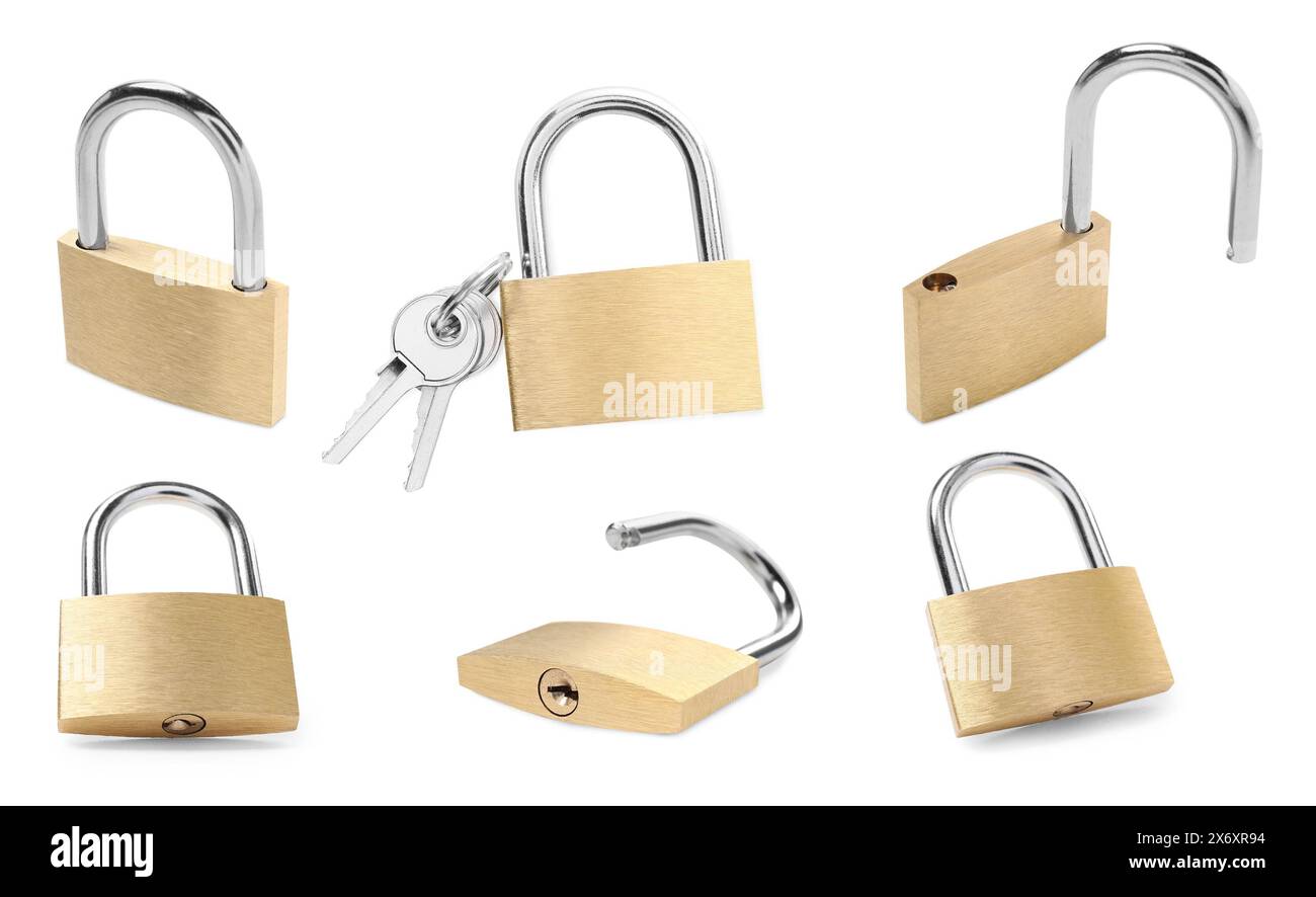 Steel padlock isolated on white, different sides. Set Stock Photo - Alamy