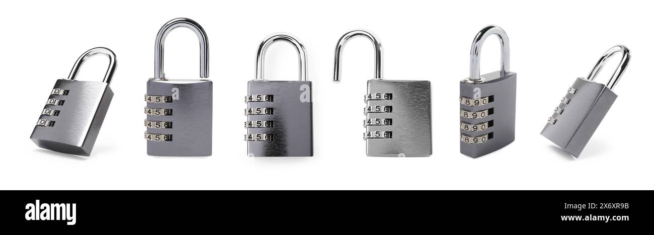 Steel combination padlock isolated on white, different sides. Set Stock ...