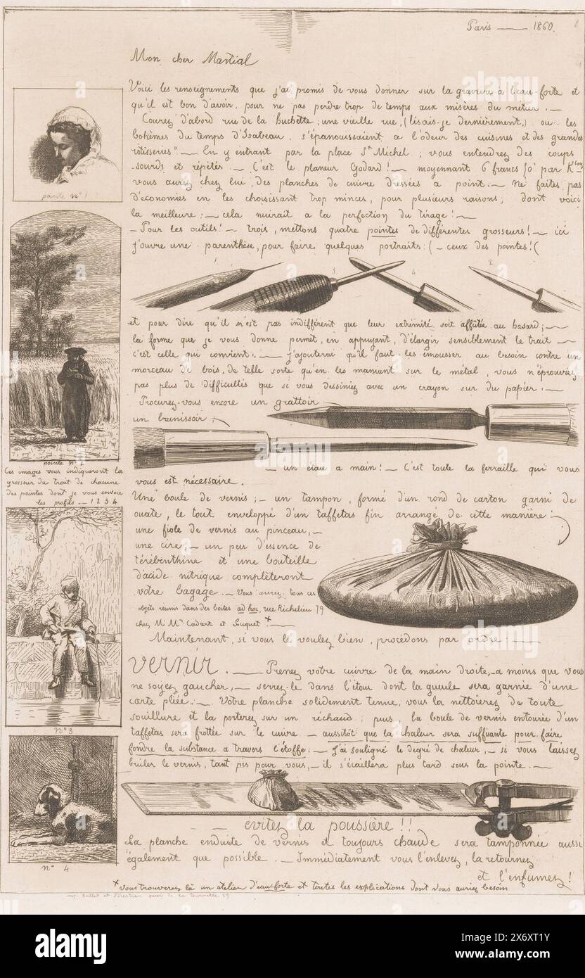 Letter about etching techniques with illustrations of different tools ...