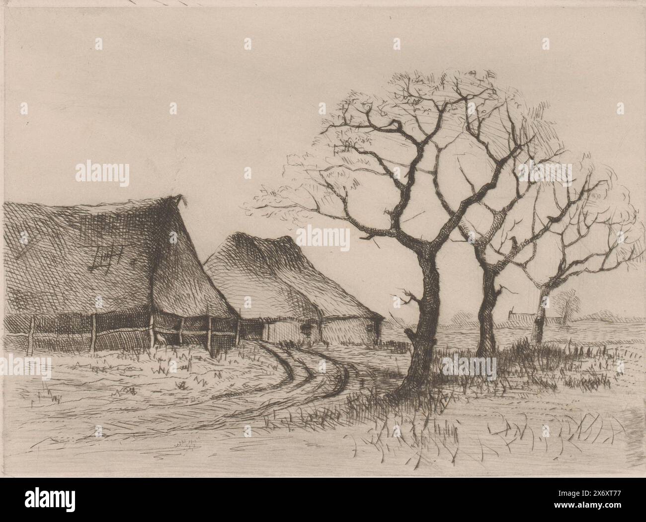 Winter landscape with farm and three trees, print, print maker: Frans ...