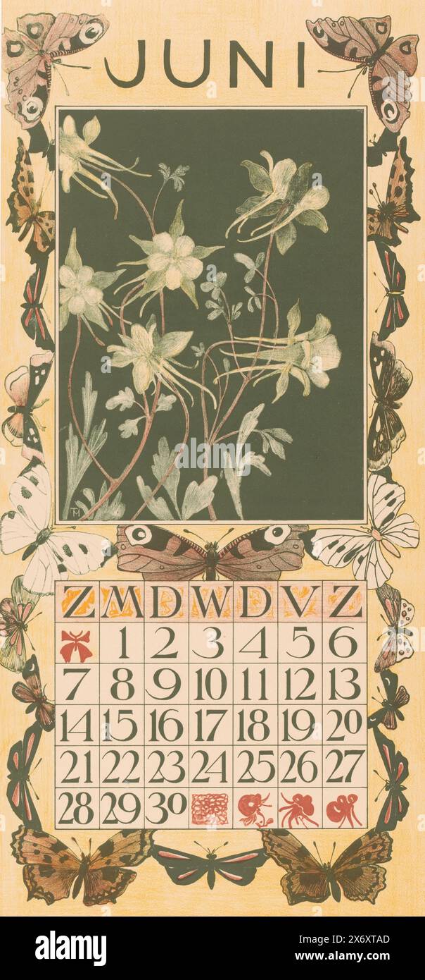 June calendar sheet with columbines and butterflies, Calendar 1903 12 ...