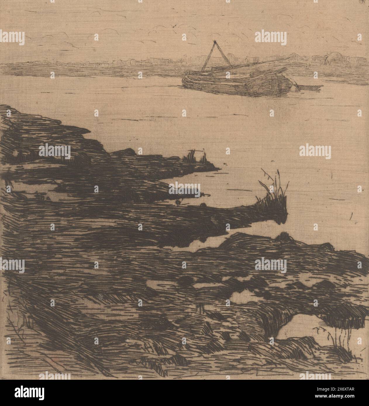 River with boat, print, print maker: Maurits van der Valk, (signed by ...