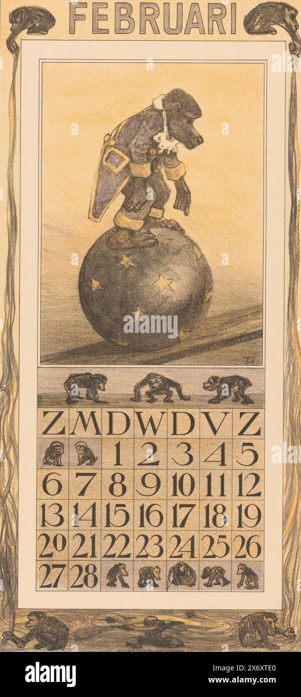 Calendar sheet February with monkey on a ball, Calendar 1910 12 ...