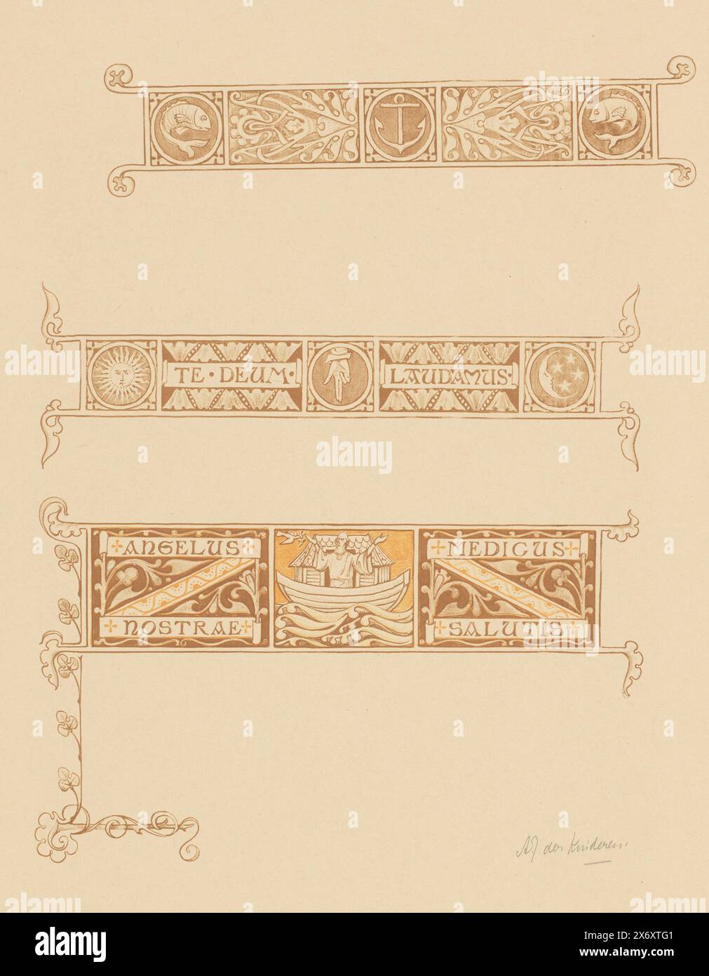 Vignettes with an anchor, a hand and Noah's ark, Above a rectangular ...