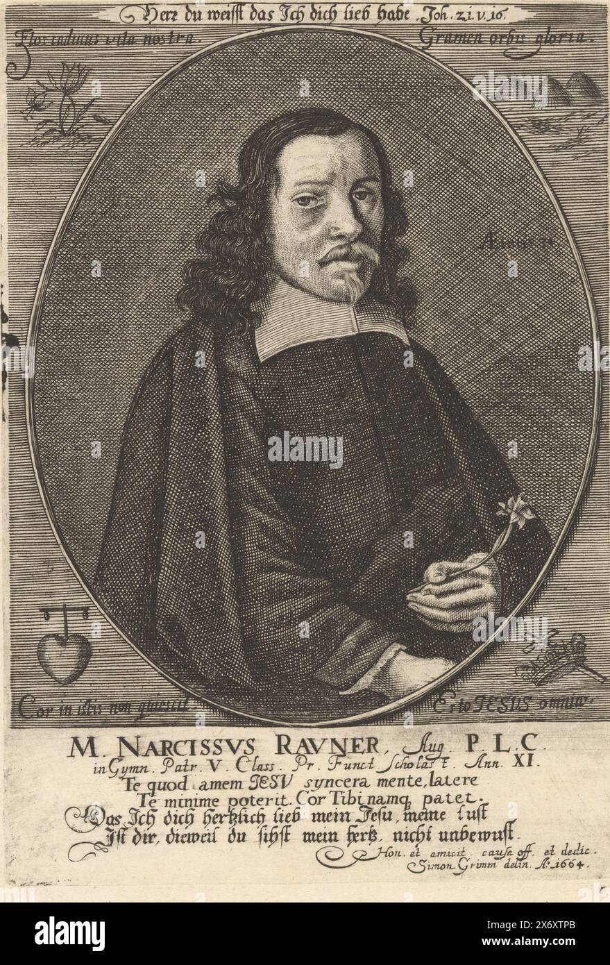 Portrait of Narcissus Rauner at the age of 34, with caption in Latin ...