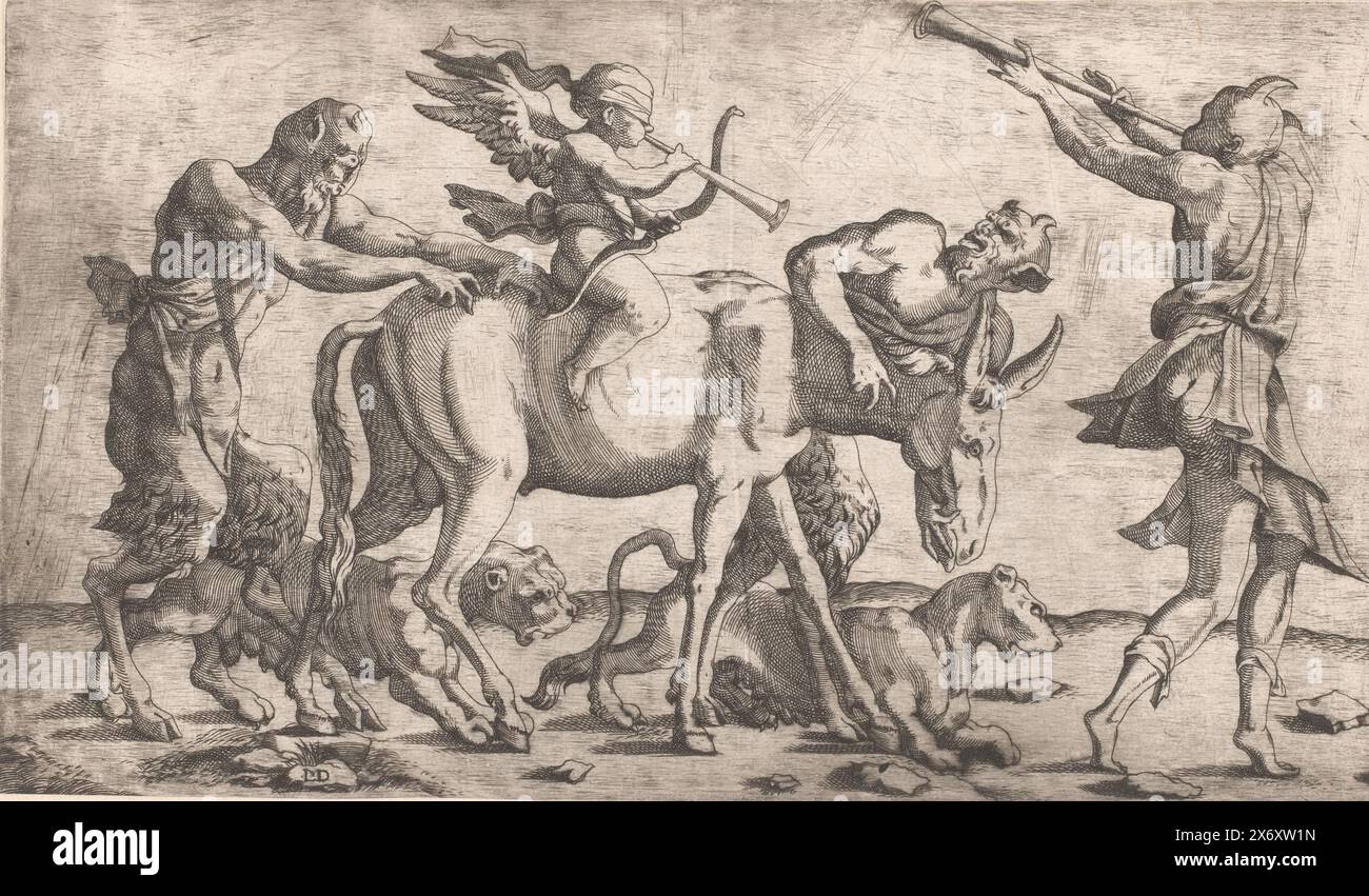 Procession with satyrs and a blindfolded Amor on a donkey, print, print ...