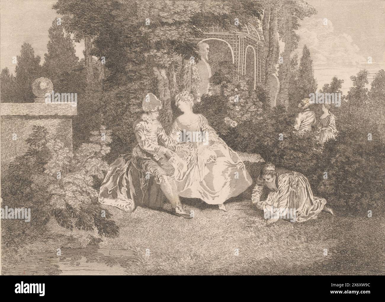 Gallant company in a garden, print, print maker: Pierre Alexandre ...