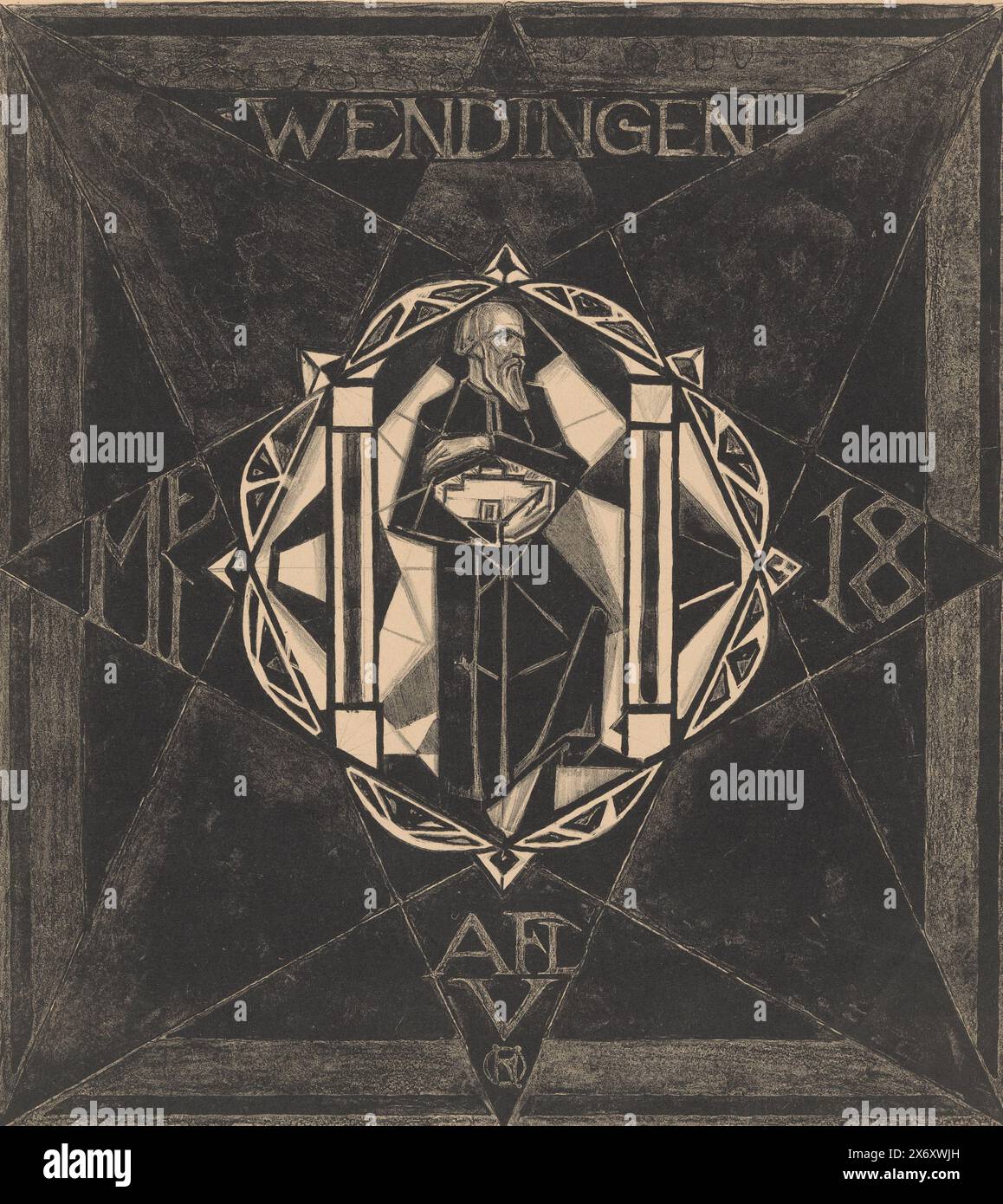Cover design for: Wendingen, 1918, A bearded man, possibly Hiram, the ...