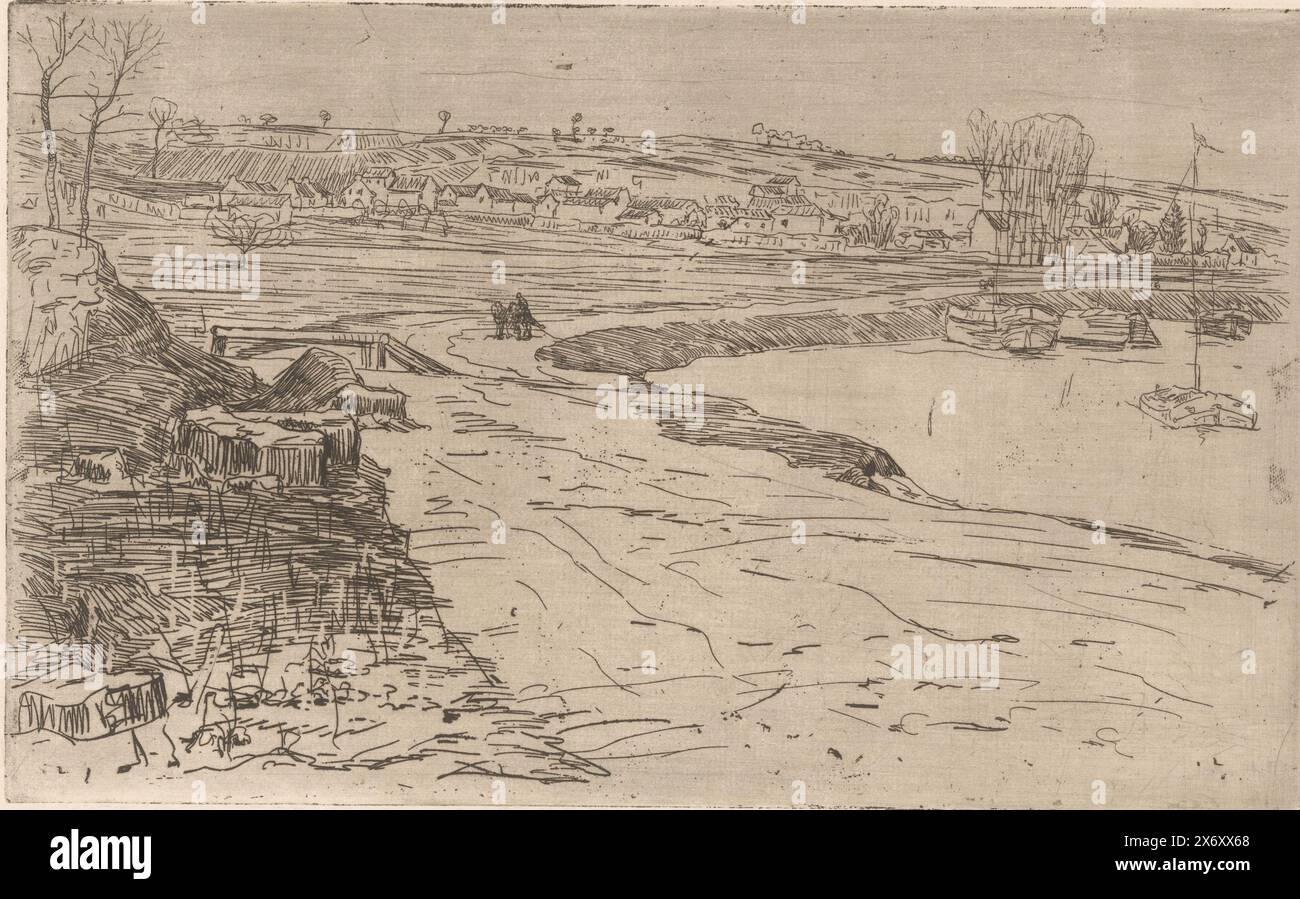 Landscape with houses and water with moored sailing boats, print, print maker: Maurits van der ...