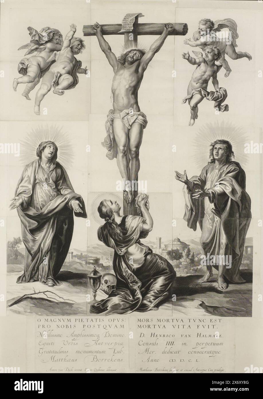 Christ crucified with Mary, John and Mary Magdalene, Christ crucified. Four putti surround him ...