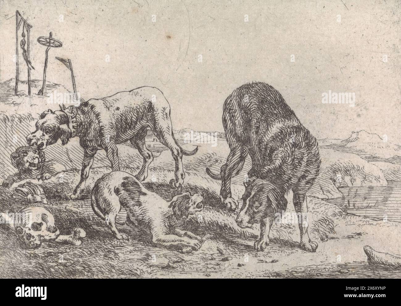 Dogs near bones, Various animals (series title), In a landscape four ...