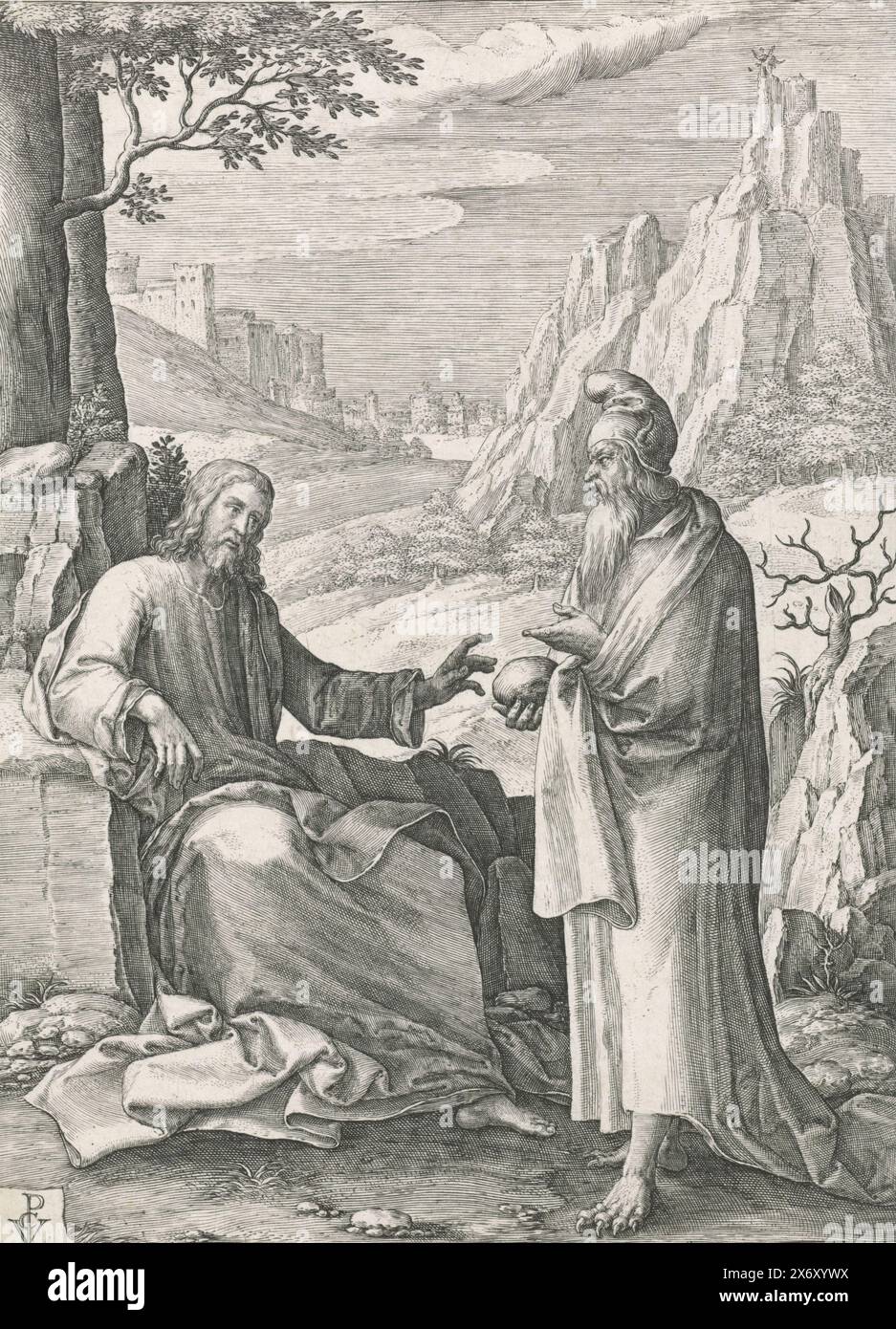 Temptation of Christ in the desert, A devil in human form shows Christ ...