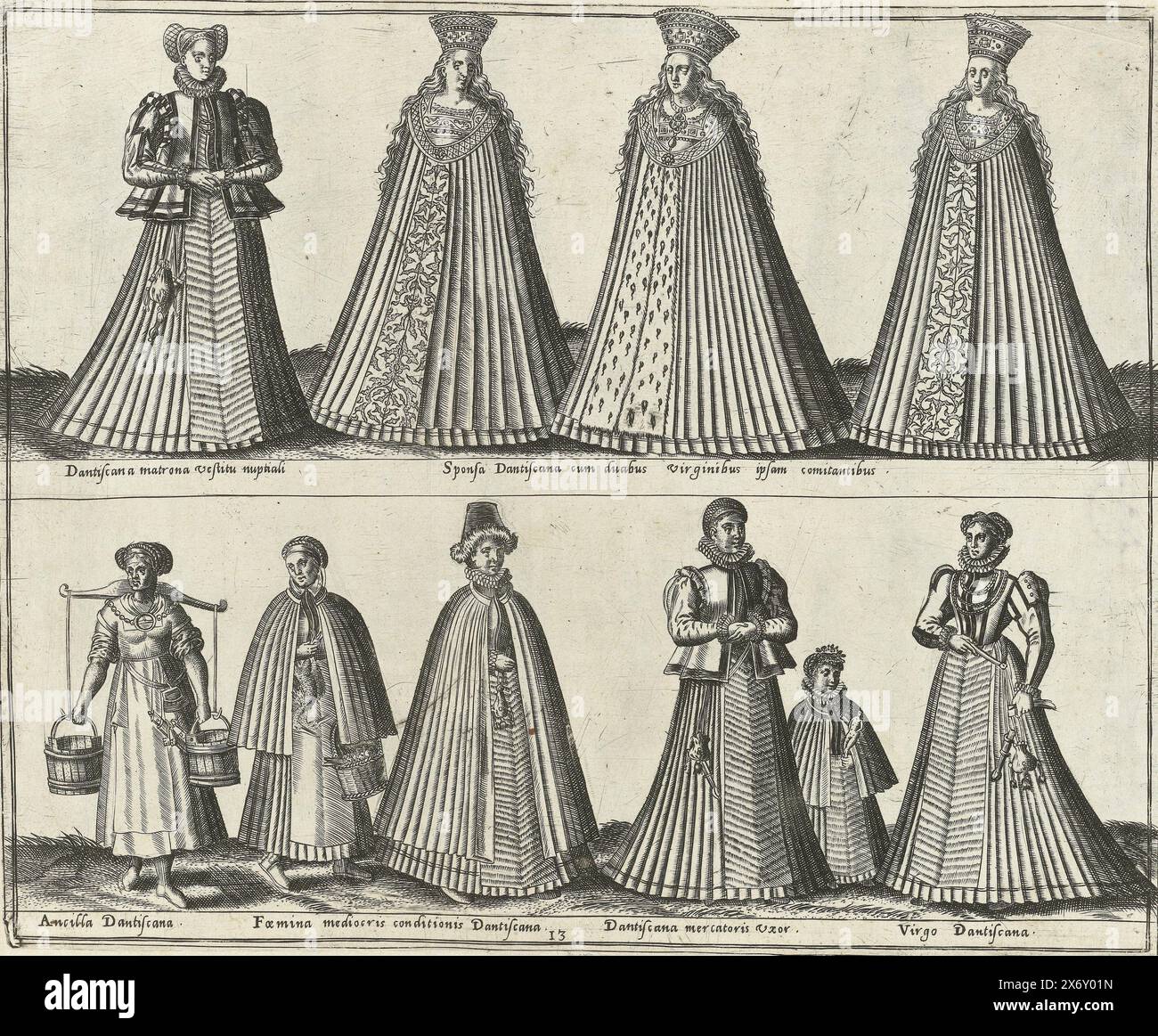 Nine women from different classes, dressed according to the fashion of ...