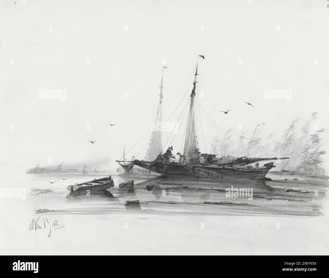 Figures on a moored sailing ship near a reed collar, sailing ships and ...