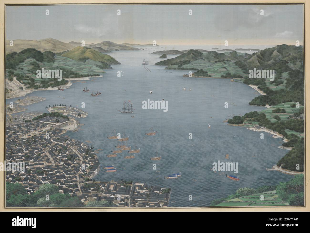 Nagasaki Harbor, Nagasaki Bay, Bird's eye view of Nagasaki Bay. On the ...