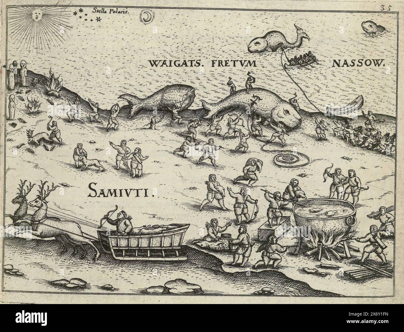 Whale and reindeer hunting by the Samoyeds. Whales are caught at sea ...