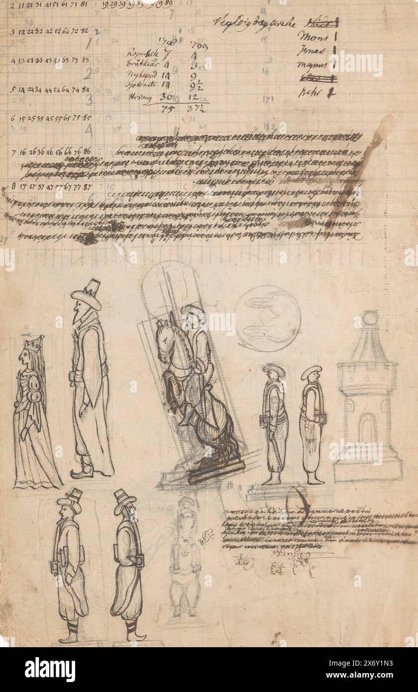 Statues, Sketch sheet with studies for various statues and a tower ...