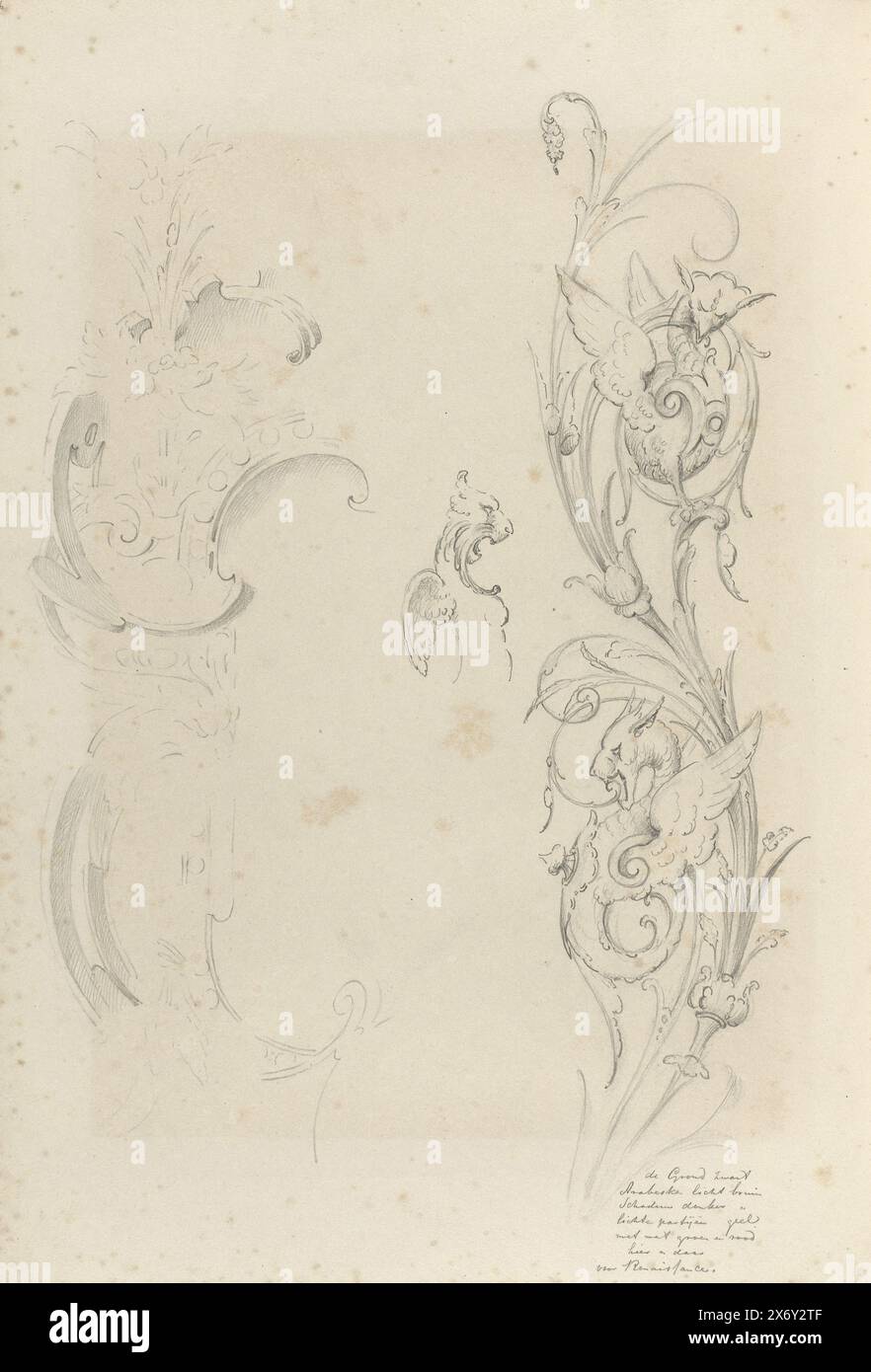 Three ornaments, on the right a leaf vine with two volutes ending in ...