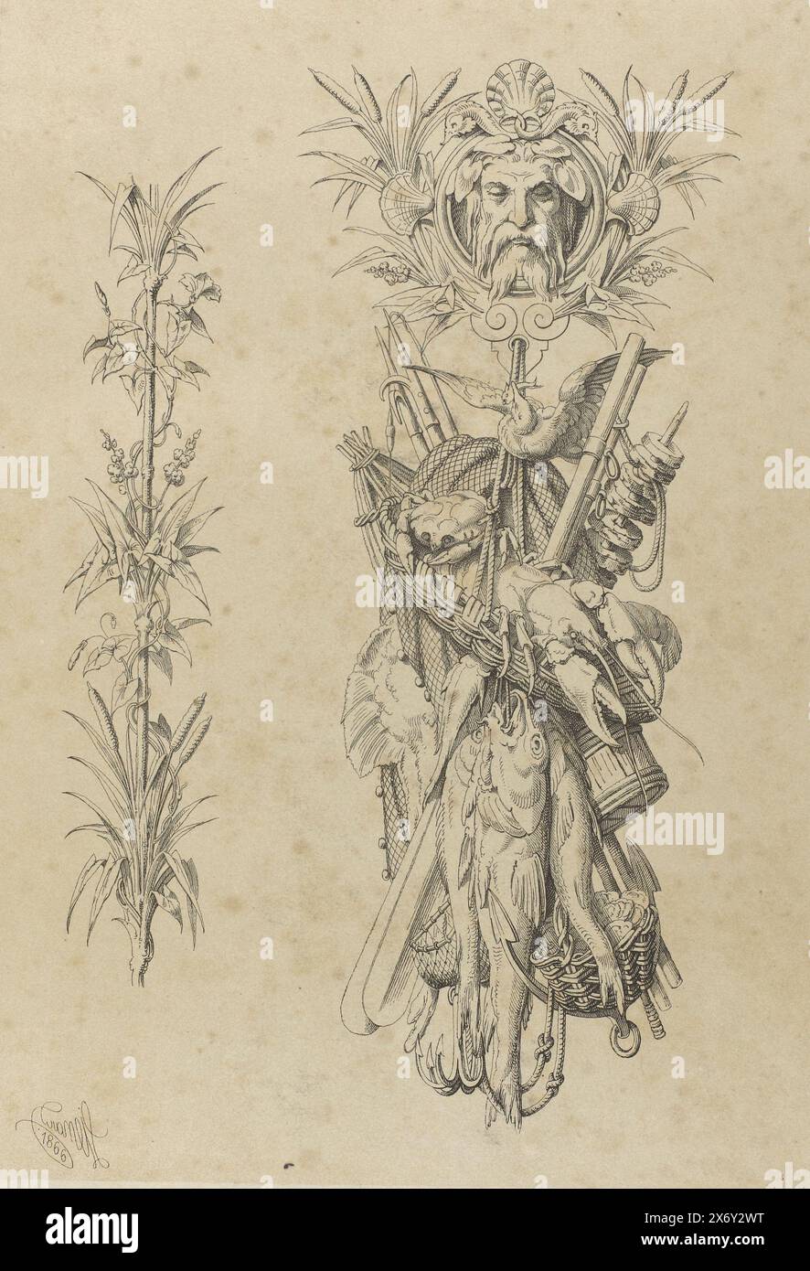 Plant stem and fish trophy, on the left a stem with cattails at the ...