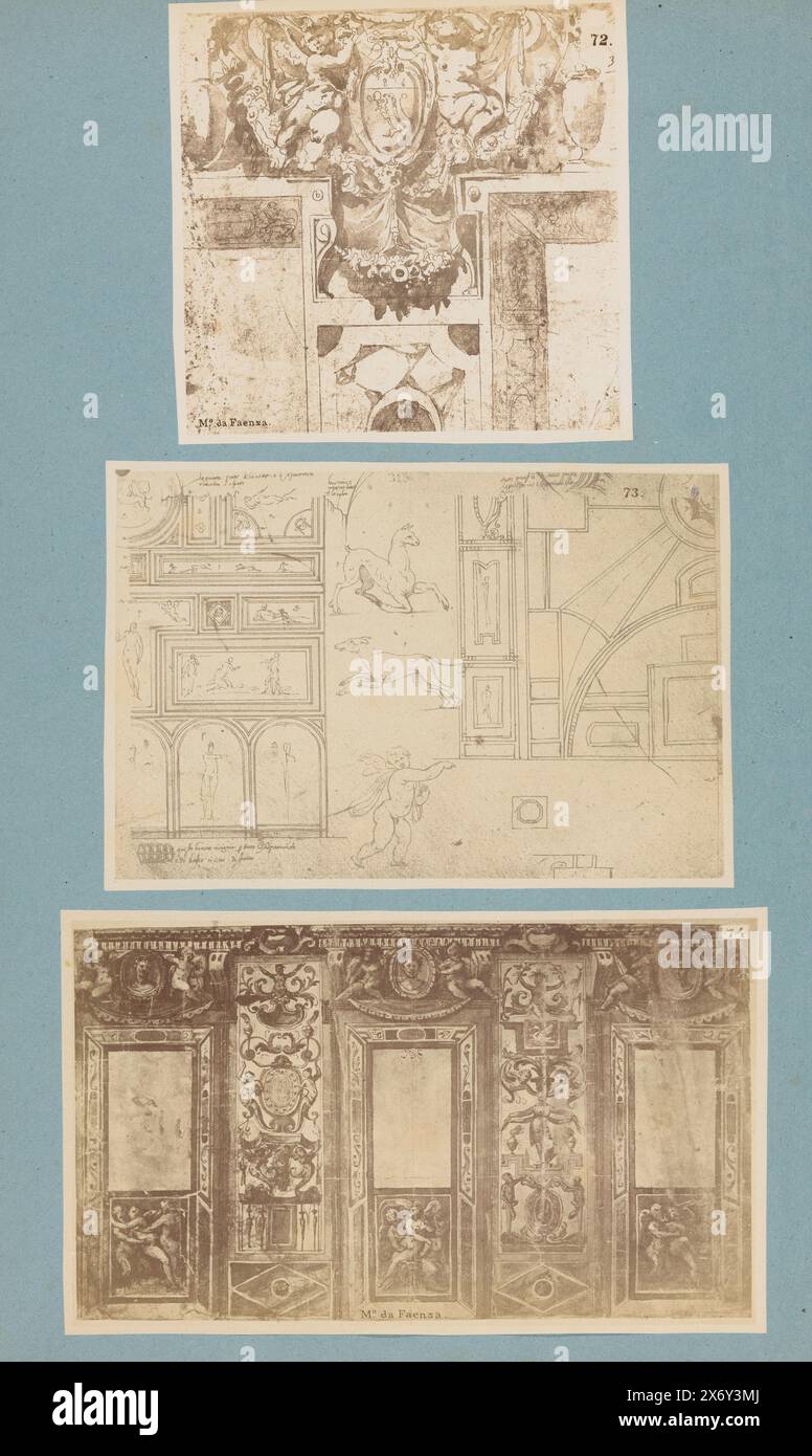 Three photo reproductions of drawings of wall or ceiling decorations ...