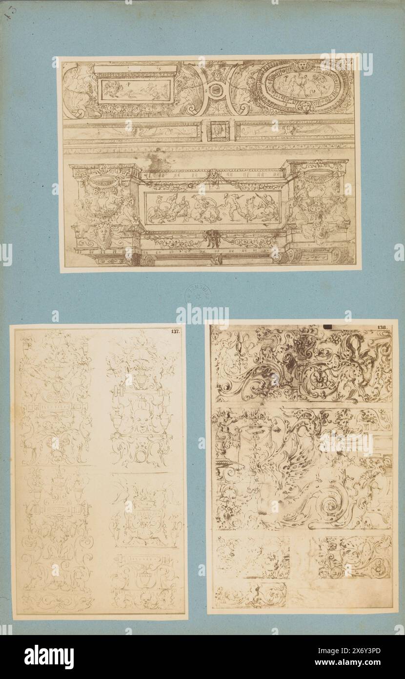 Three photo reproductions of drawings of wall decorations, above (136 ...
