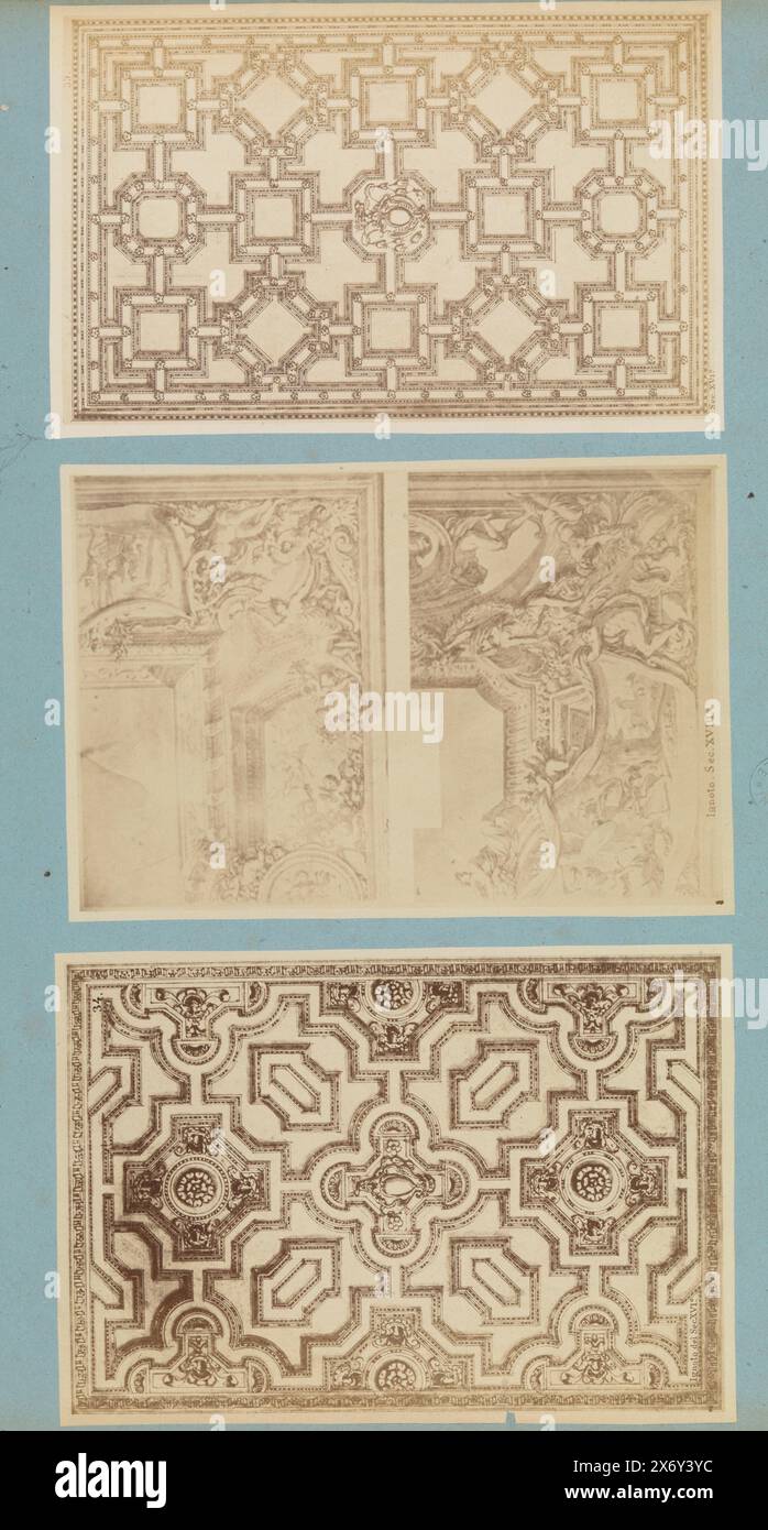 Three photo reproductions of design drawings for ceilings, Left (34) a ...