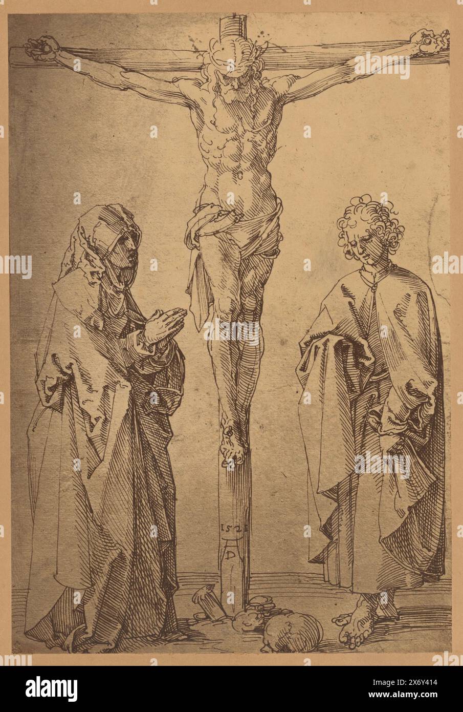 Photo reproduction of a drawing by Albrecht Dürer, depicting Christ on the cross with Mary and ...