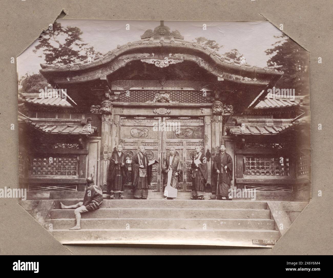 Men at the gate of a temple in Shiba, Tokyo, Japan, This photo is part ...