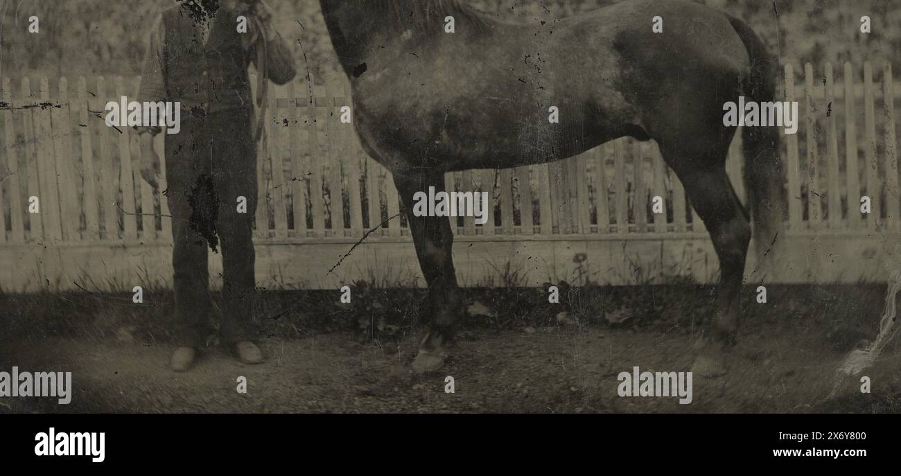Man and horse (the man's face has been scratched out), photograph ...