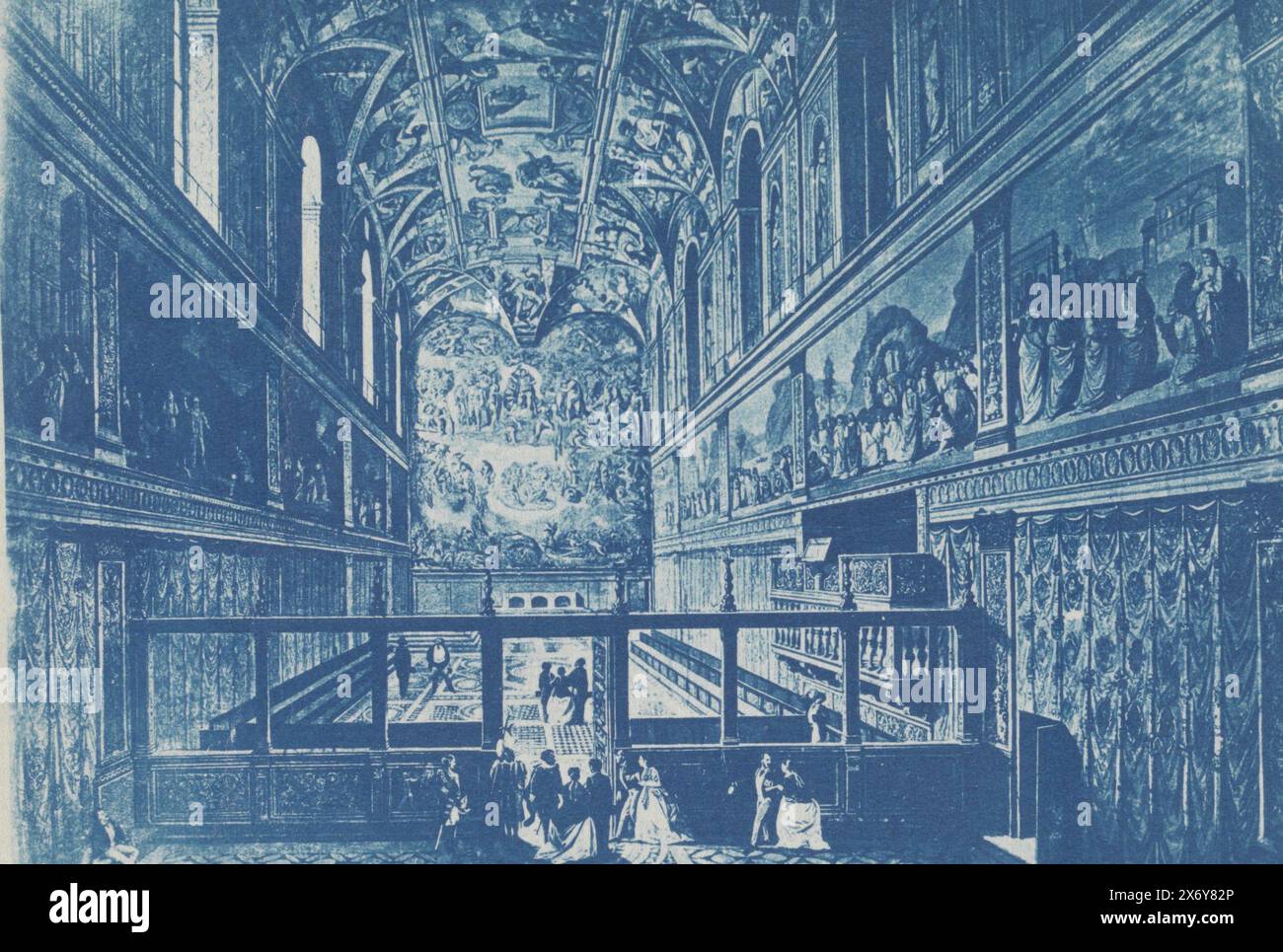 Photo reproduction of a print of the interior of the Sistine Chapel in ...