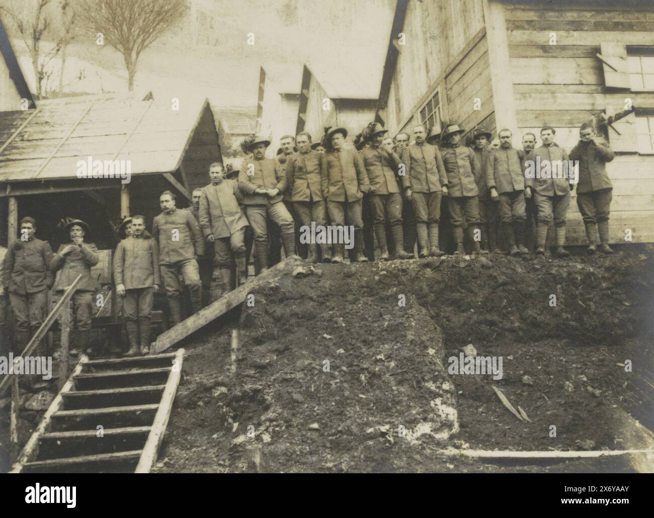 Battalion of Italian Bersaglieri in front of their demountable barracks ...