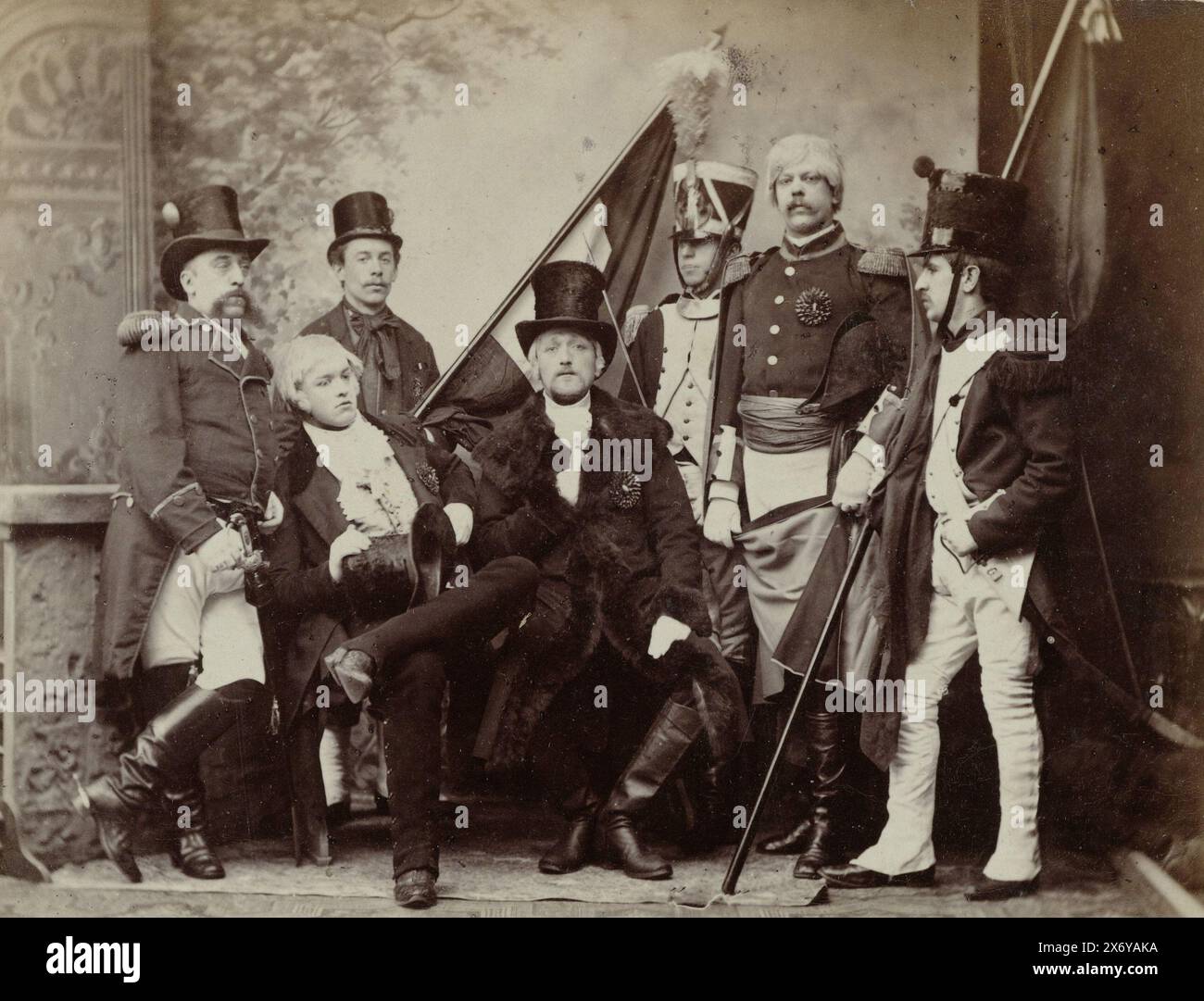 Group portrait of seven unknown men in historic military uniforms and ...