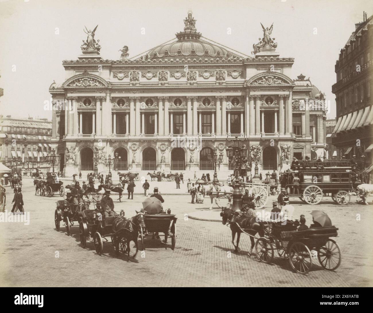 Exterior of the Paris Opera with passers-by, carriages and a horse ...