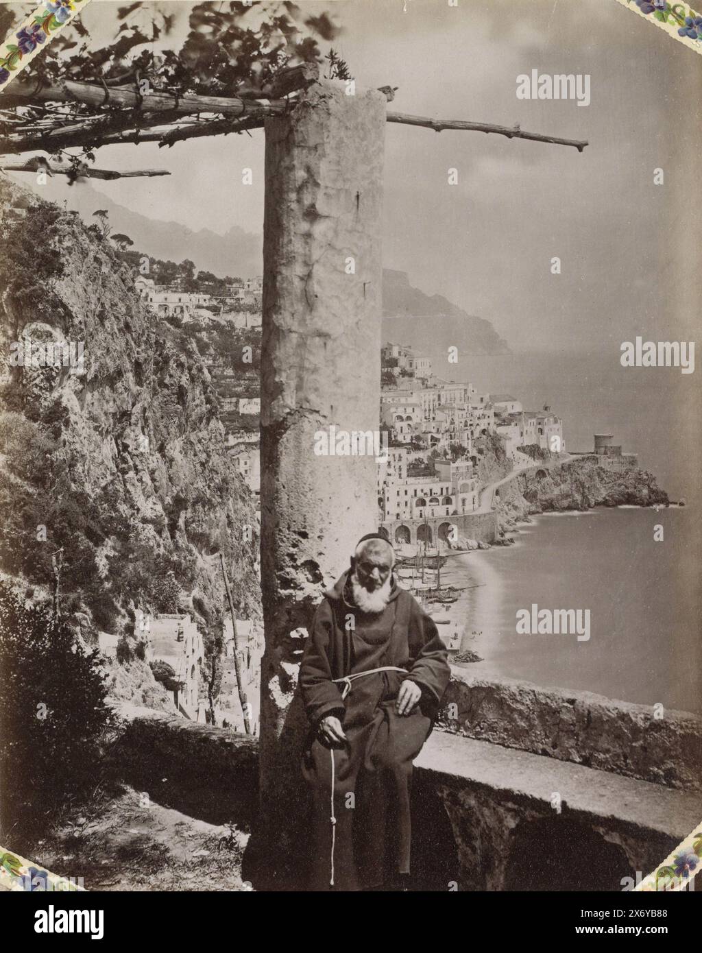 View of Amalfi from a monastery, in the foreground a Capuchin monk ...