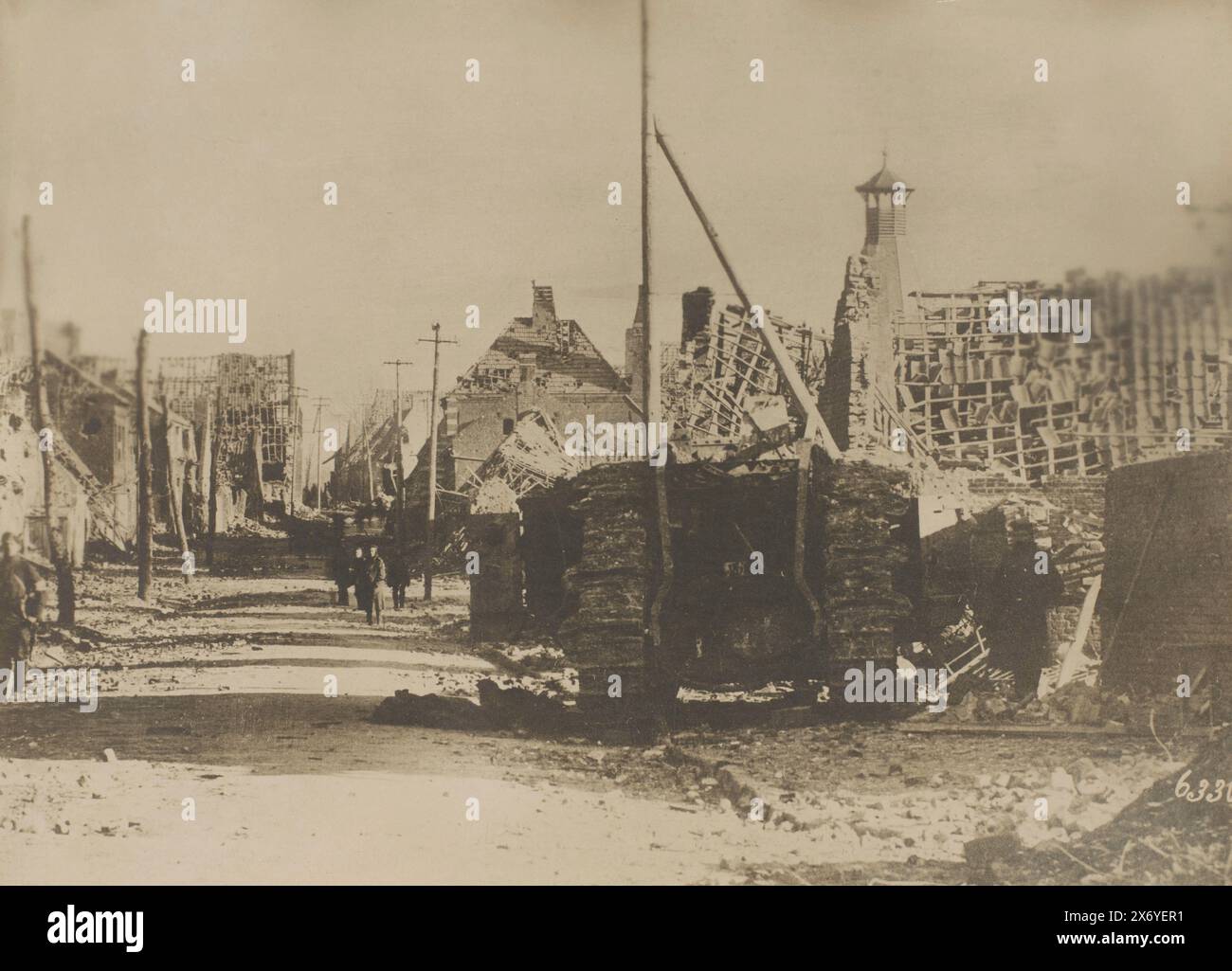 British tank in a destroyed street in Fontaine-Notre-Dame, View of a ...