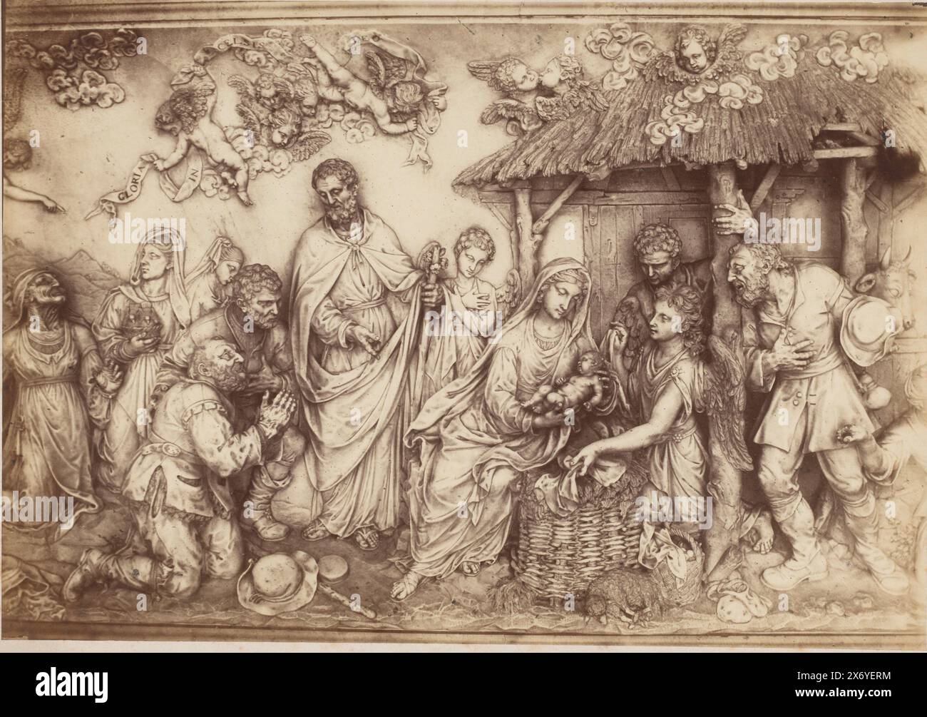 Photo reproduction of a relief depicting the birth story of Christ ...