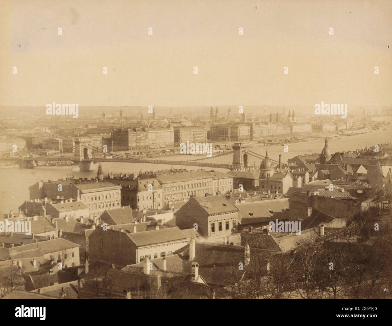 View of Pest from Buda, in the middle the Chain Bridge over the Danube ...