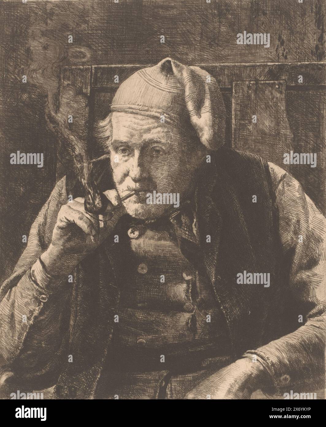 Pipe smoking old man with nightcap, Le vieux fumeur, print, print maker ...