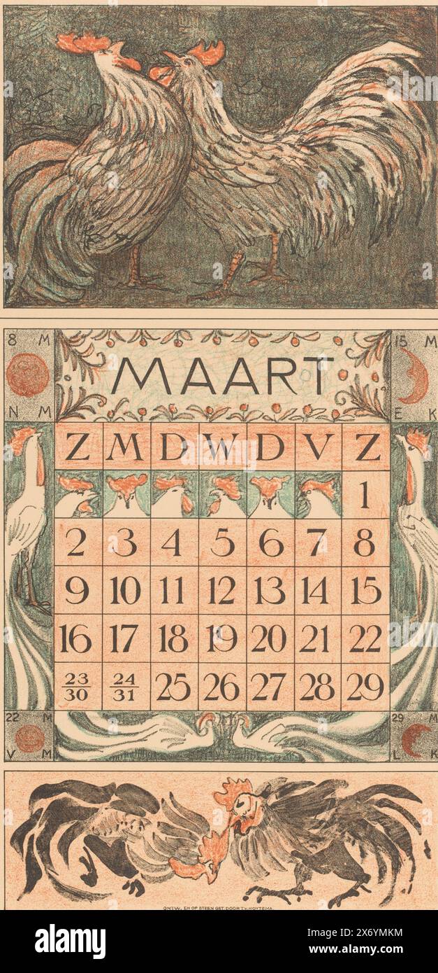 Calendar sheet March with two roosters, Calendar 1913 12 lithographs by ...