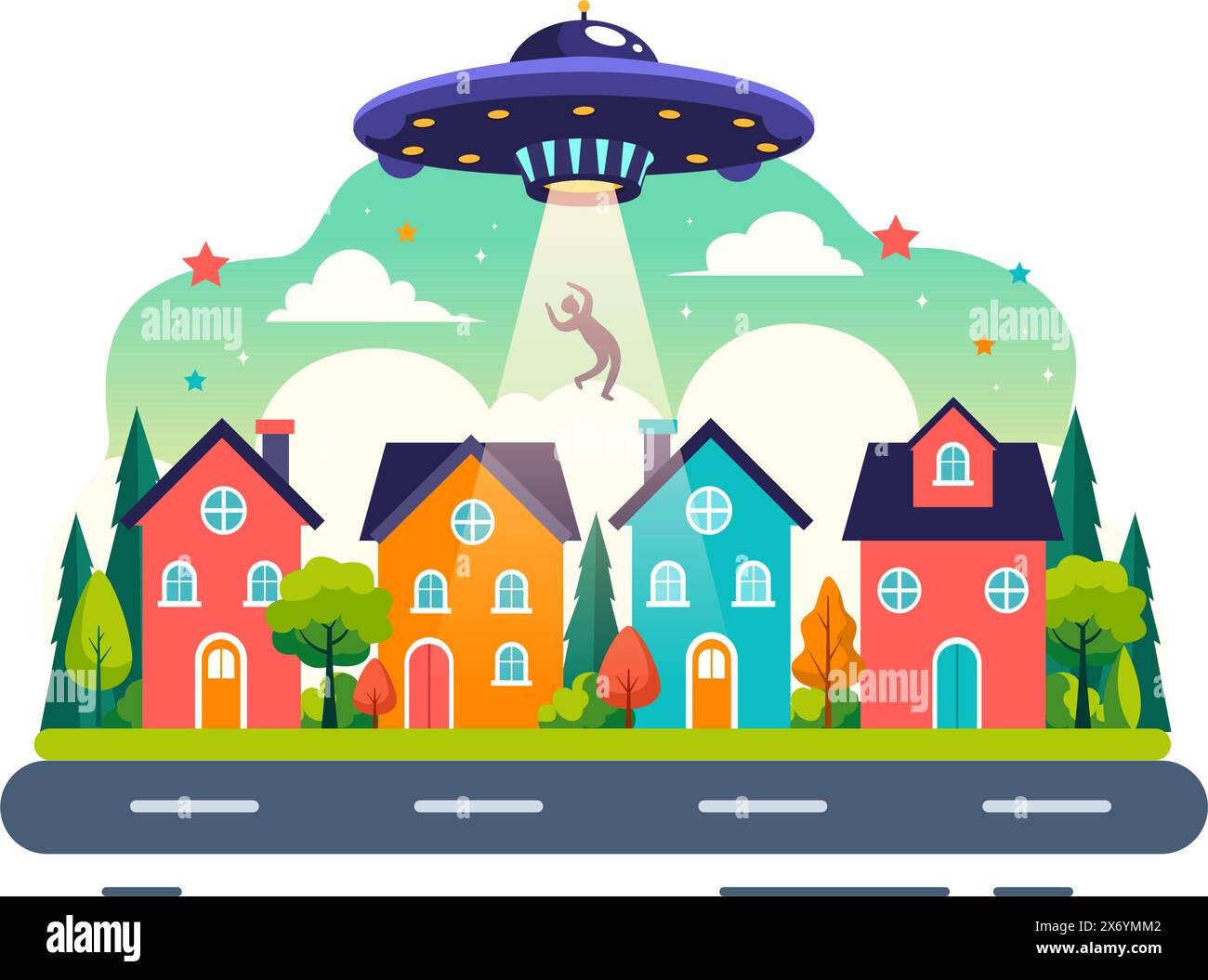 UFO Flying Spaceship Vector Illustration with Rays of Light in Sky ...