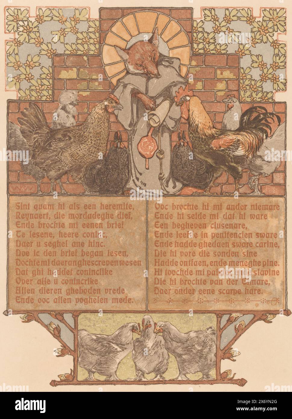 Fox in monk's habit (Reinaert) surrounded by chickens and rooster ...