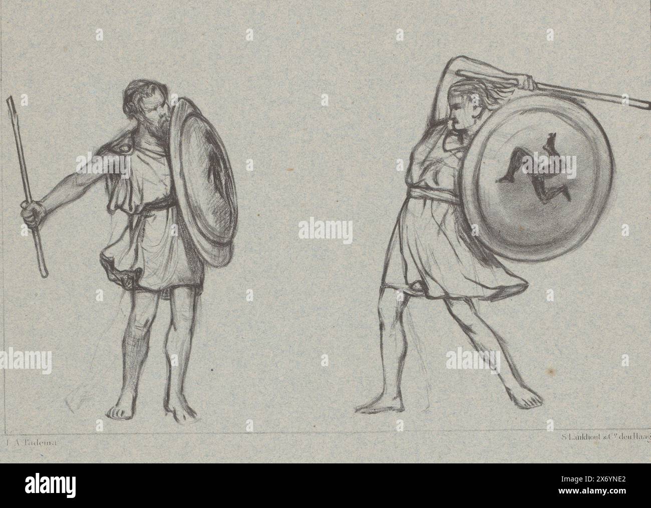Two Greek warriors, Two Greek warriors with sticks and shields fighting ...