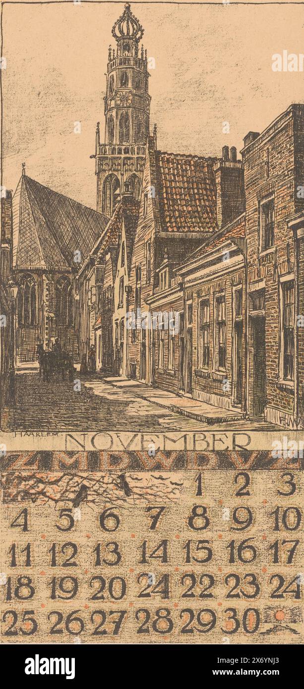 November calendar sheet with cityscape in Haarlem, street view with the ...